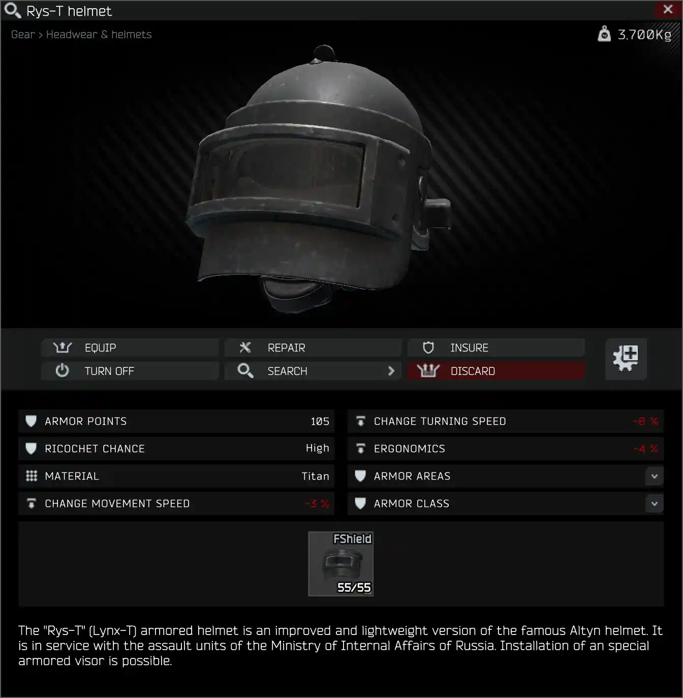 Rys-T bulletproof helmet (Black) / 日本語名称無し（英名称と同じ） - Escape from Tarkov Wiki*